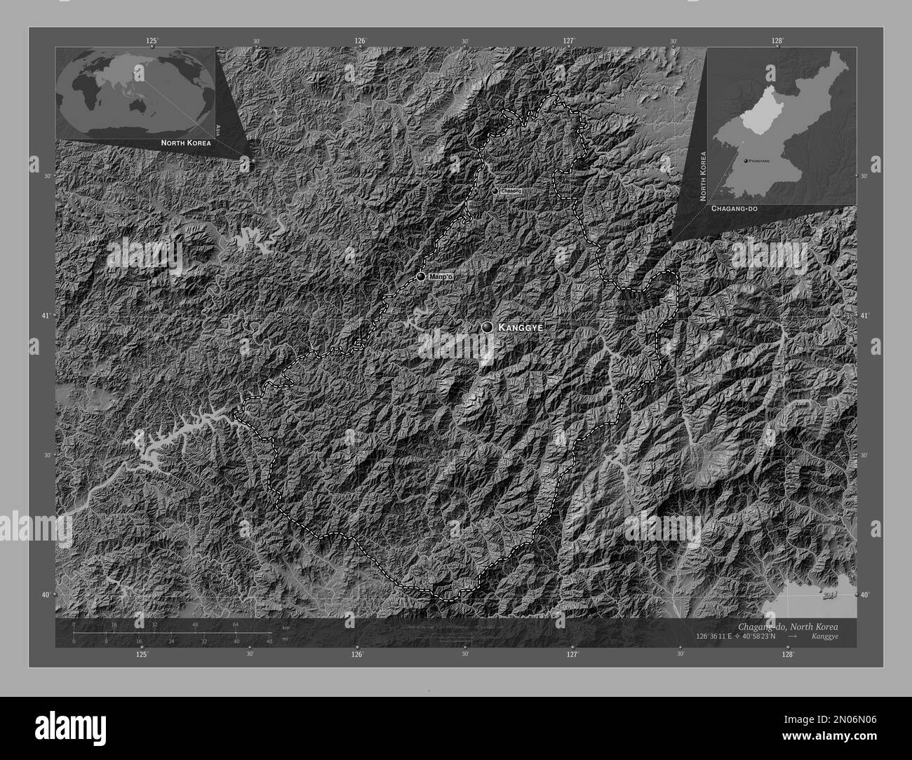 Chagang-do, province of North Korea. Bilevel elevation map with lakes ...