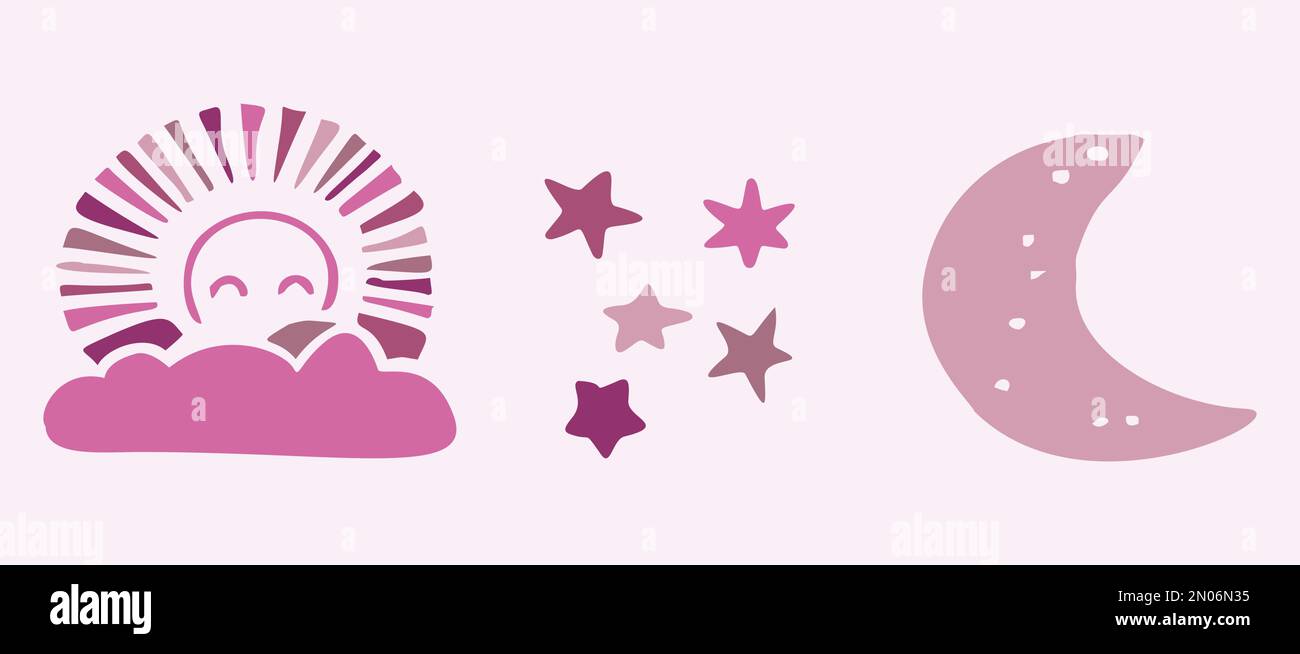 Cute whimsical sun and moon set of vector motifs. Illustration of night ...