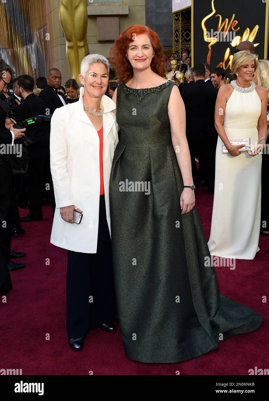 Emma Donoghue, right, and Christine Roulston arrive at the Oscars on Sunday, Feb. 28, 2016, at ...