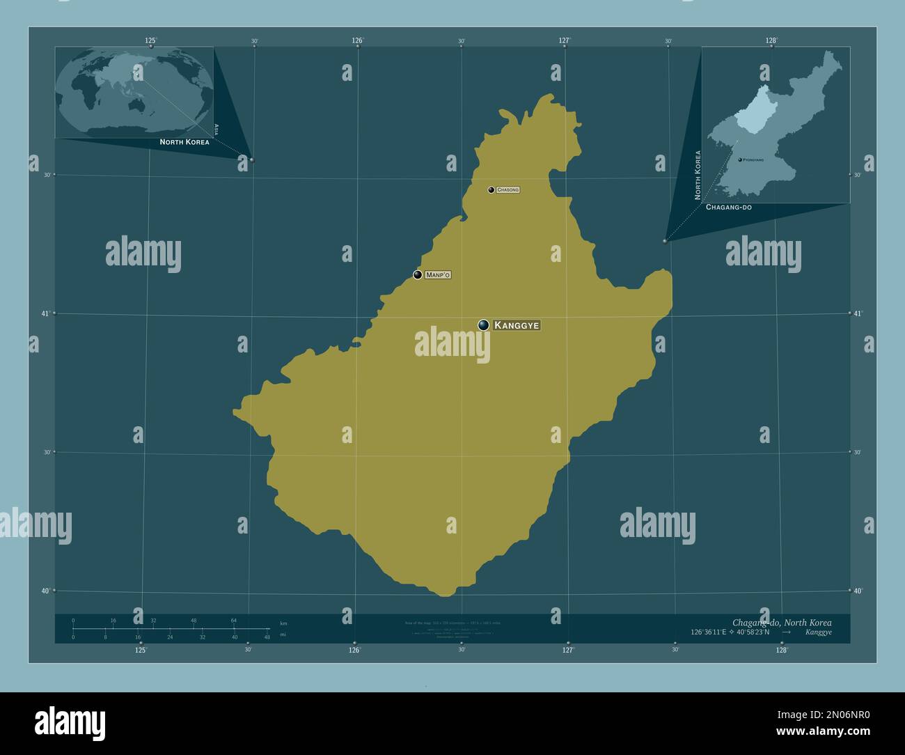 Chagang-do, province of North Korea. Solid color shape. Locations and ...