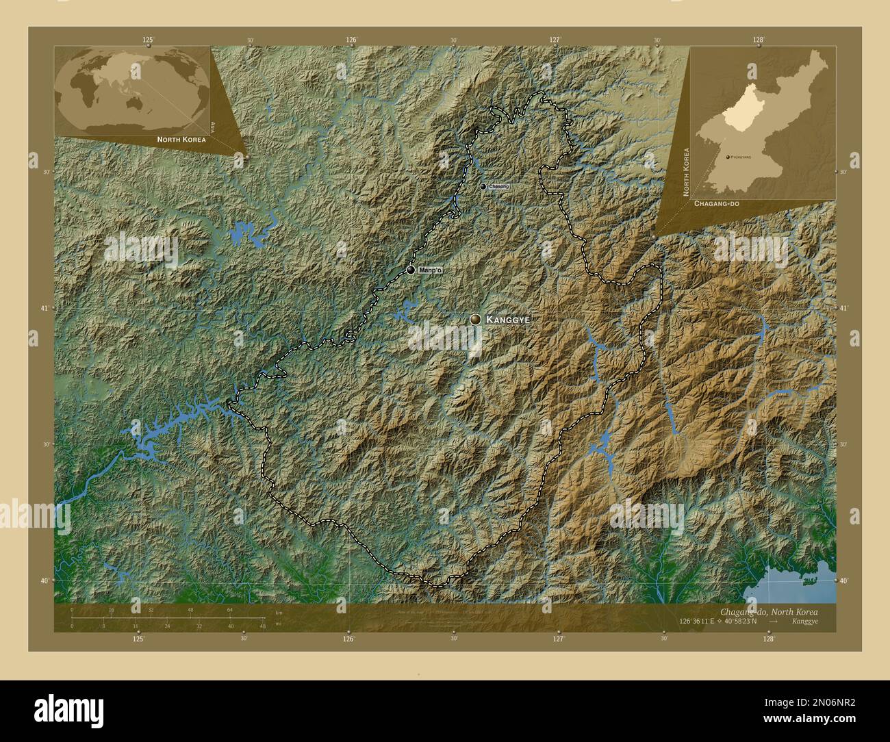 Chagang-do, province of North Korea. Colored elevation map with lakes ...