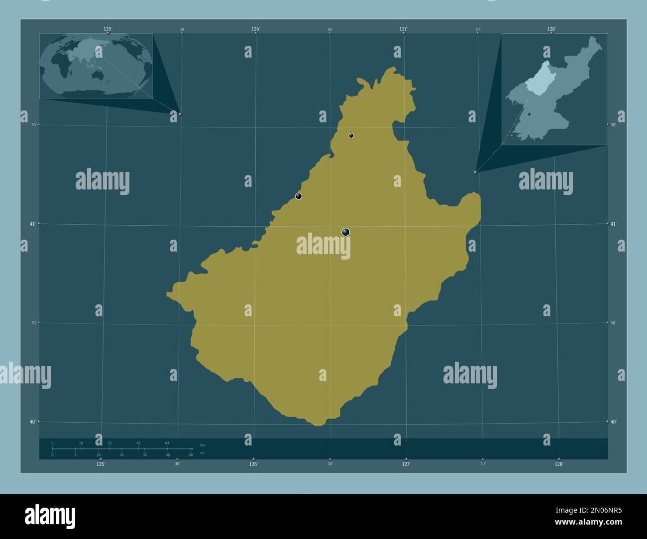 Chagang-do, province of North Korea. Solid color shape. Locations of ...