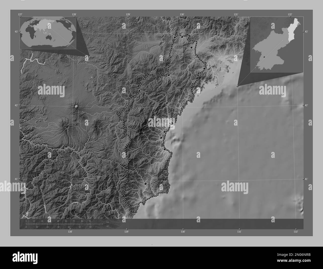 Hamgyong-bukto, province of North Korea. Grayscale elevation map with ...