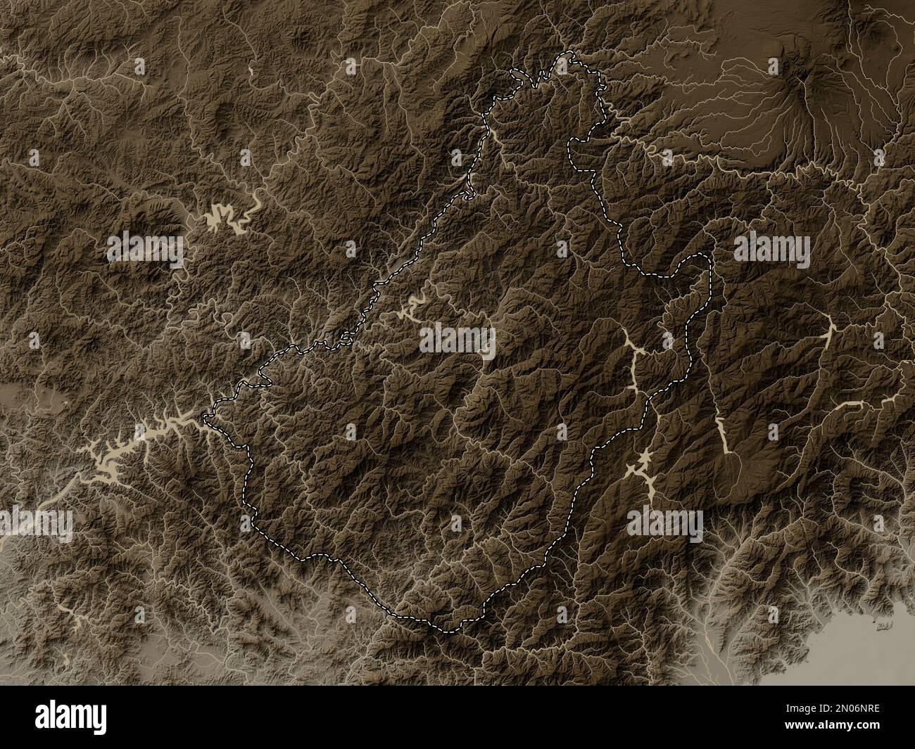 Chagang-do, province of North Korea. Elevation map colored in sepia ...