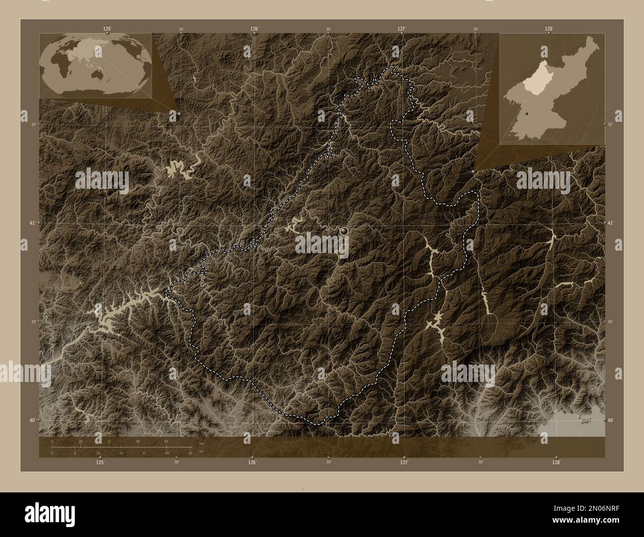 Chagang-do, province of North Korea. Elevation map colored in sepia ...