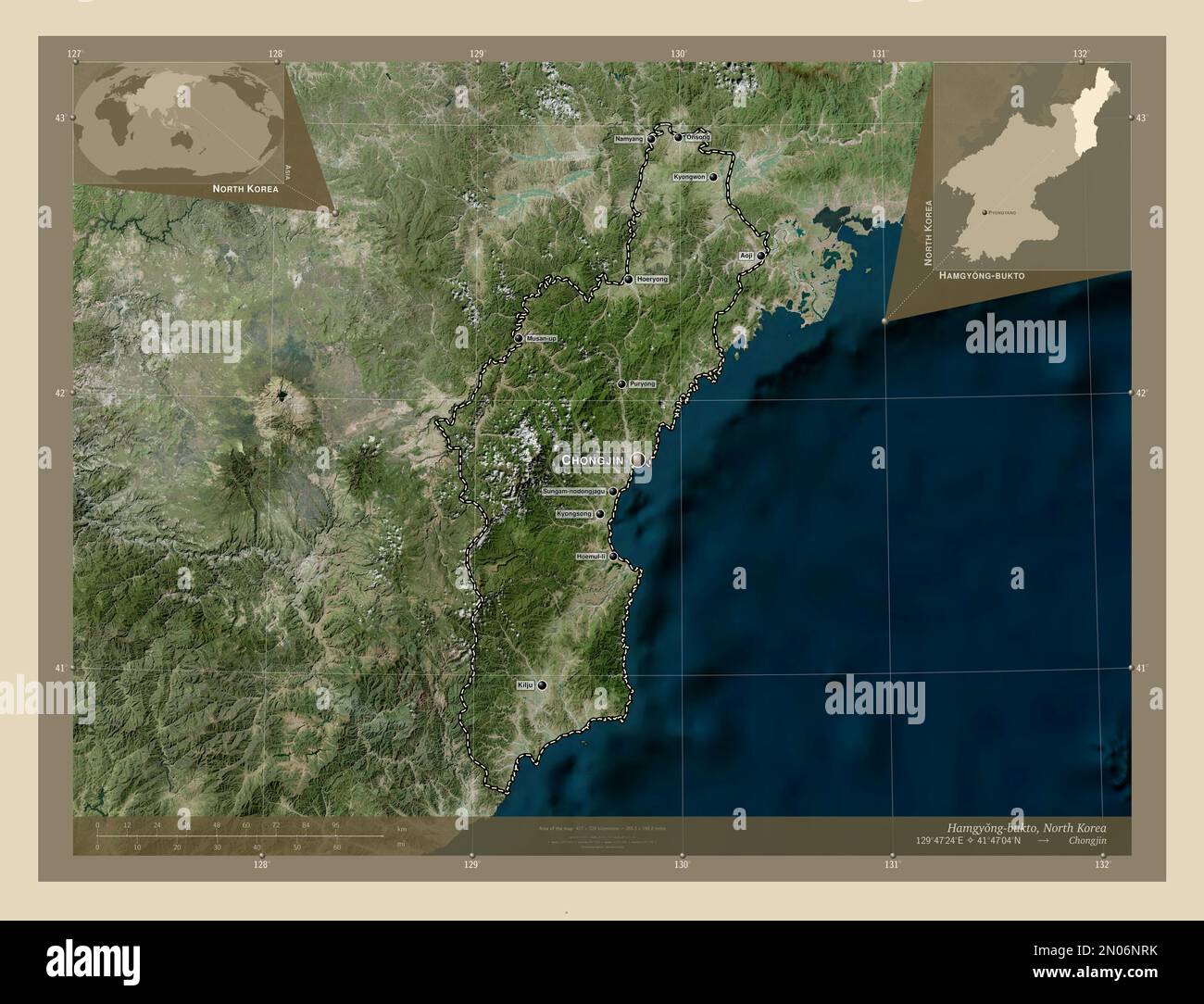 Hamgyong-bukto, province of North Korea. High resolution satellite map ...