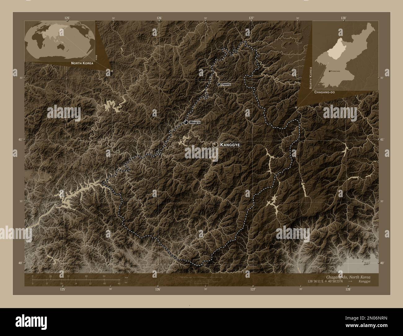 Chagang-do, province of North Korea. Elevation map colored in sepia ...