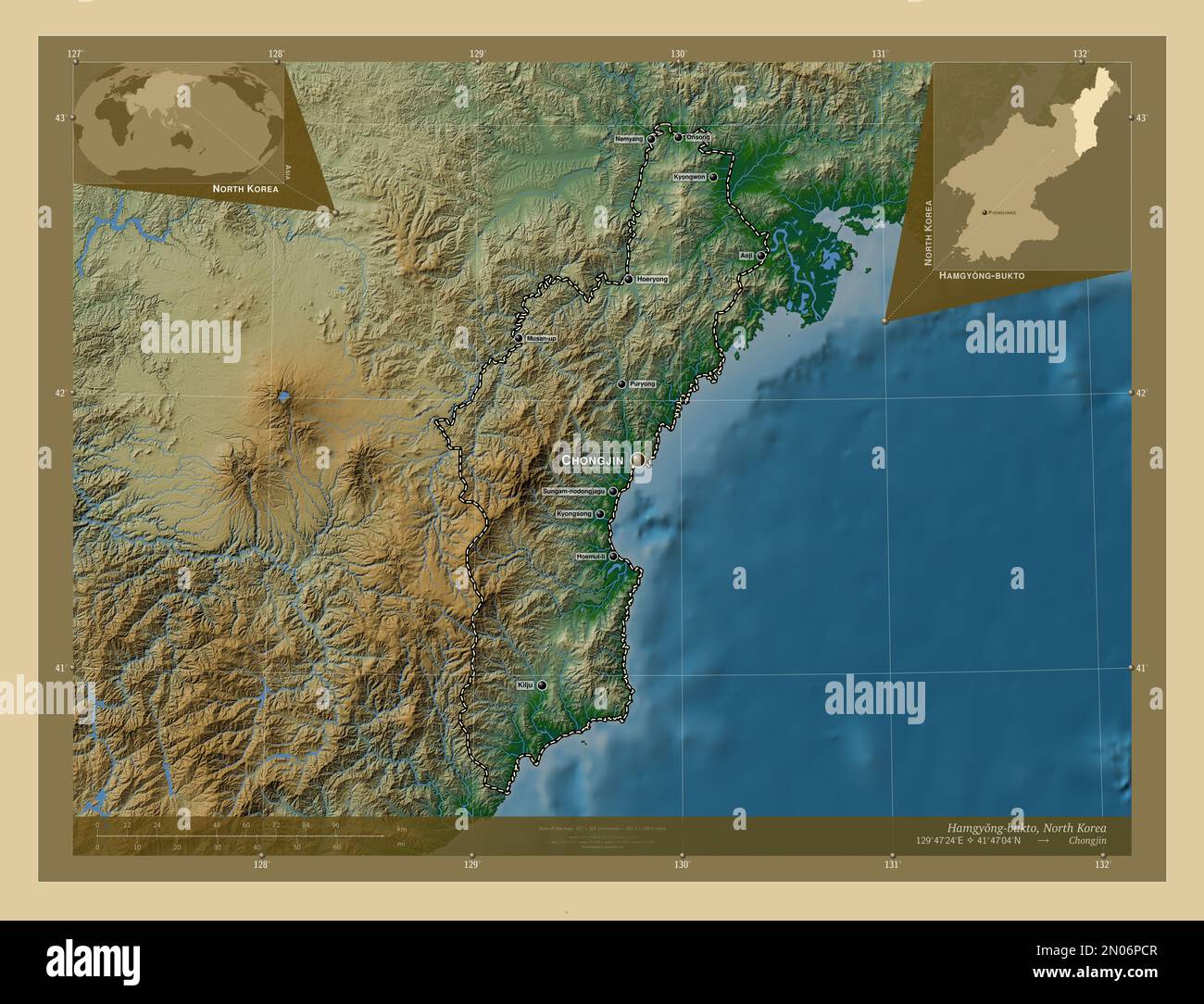 Hamgyong-bukto, province of North Korea. Colored elevation map with ...