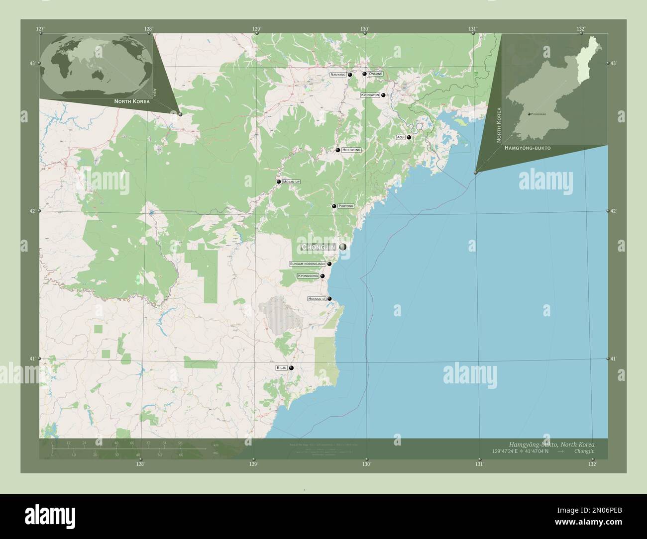 Hamgyong-bukto, province of North Korea. Open Street Map. Locations and ...