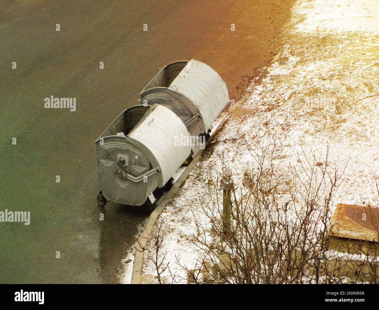 Two modern metal trash bins, top view. Ecology, garbage collection ...