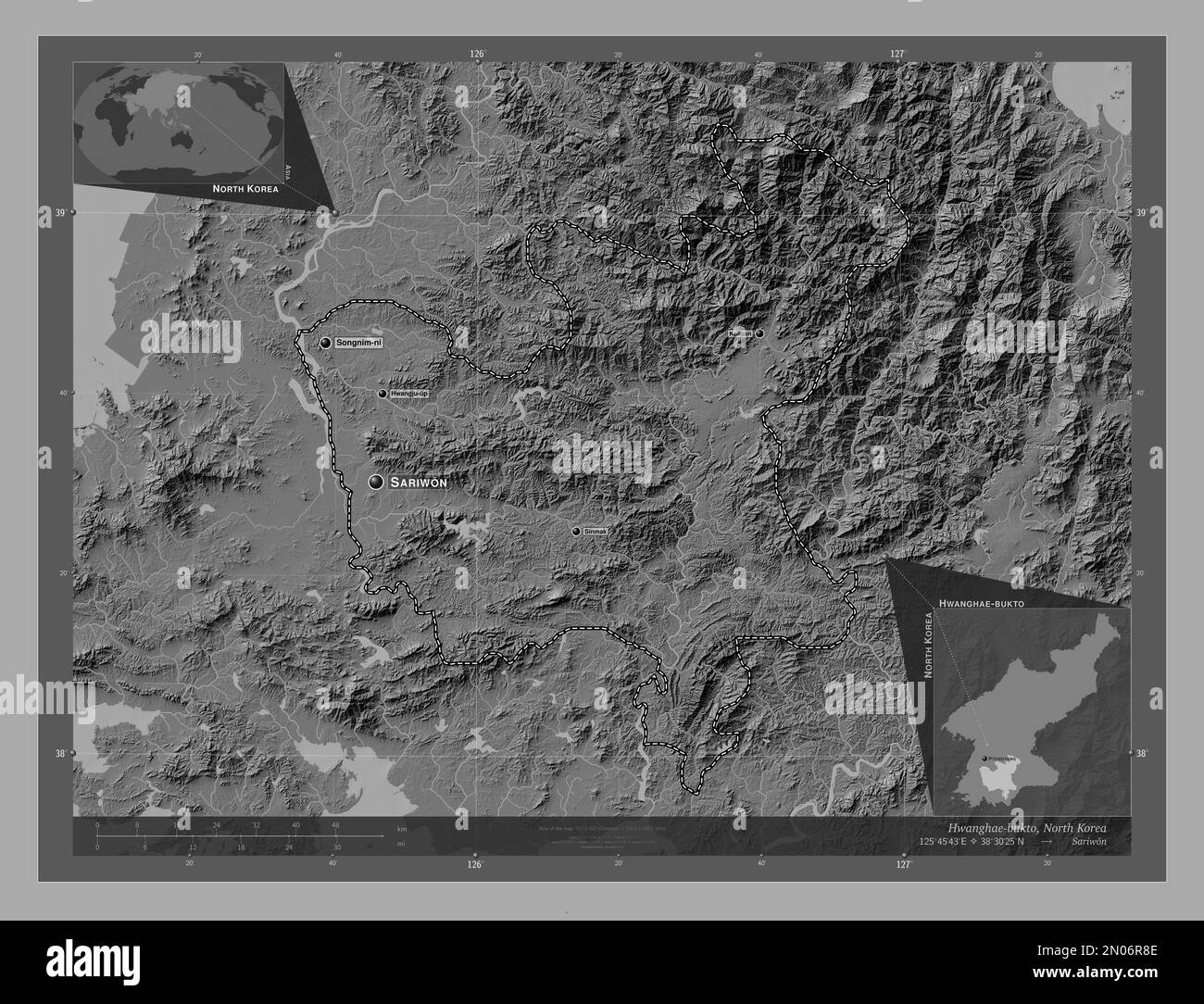 Hwanghae-bukto, province of North Korea. Bilevel elevation map with ...