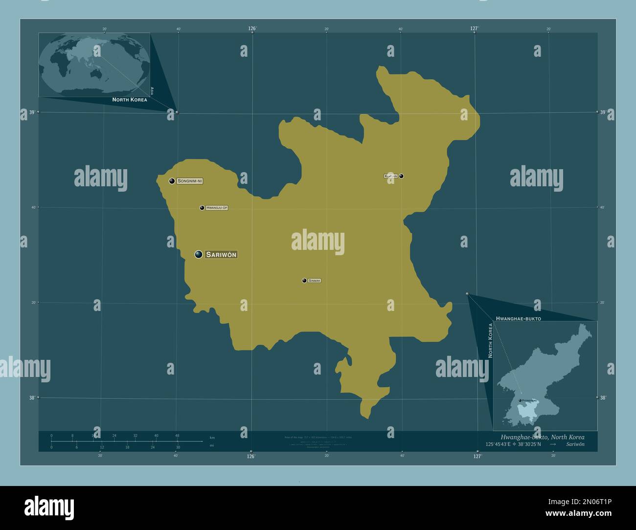 Hwanghae-bukto, province of North Korea. Solid color shape. Locations ...