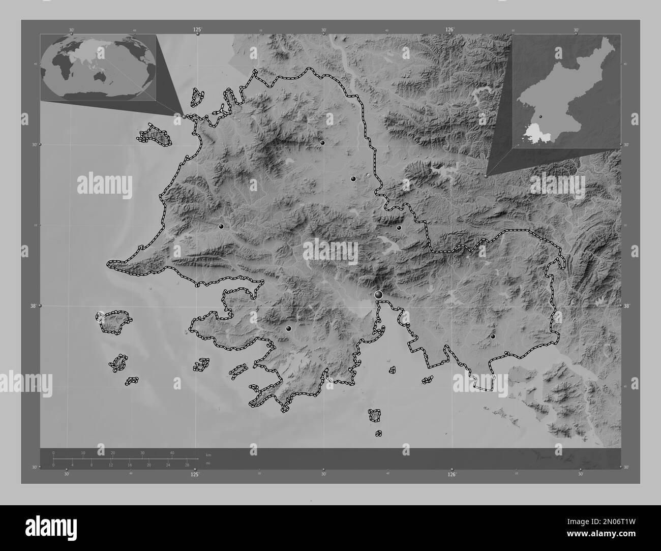 Hwanghae-namdo, province of North Korea. Grayscale elevation map with ...