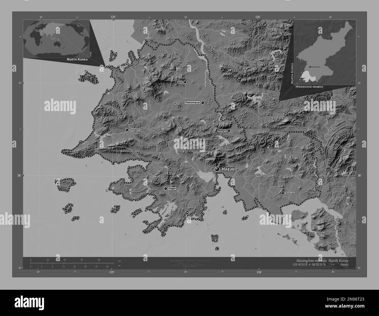 Hwanghae-namdo, province of North Korea. Bilevel elevation map with ...