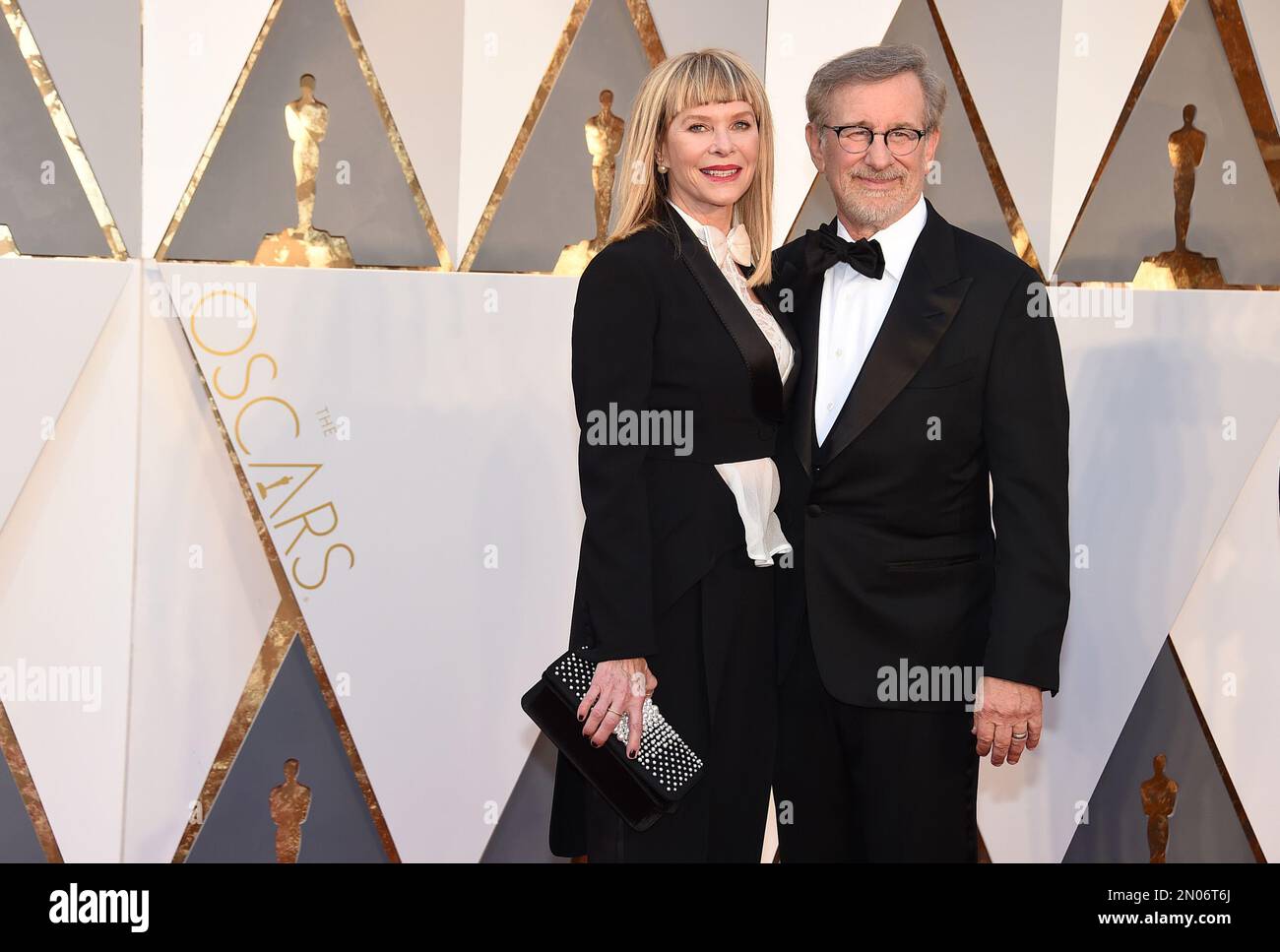 Kate Capshaw, left, and Steven Spielberg arrive at the Oscars on Sunday ...