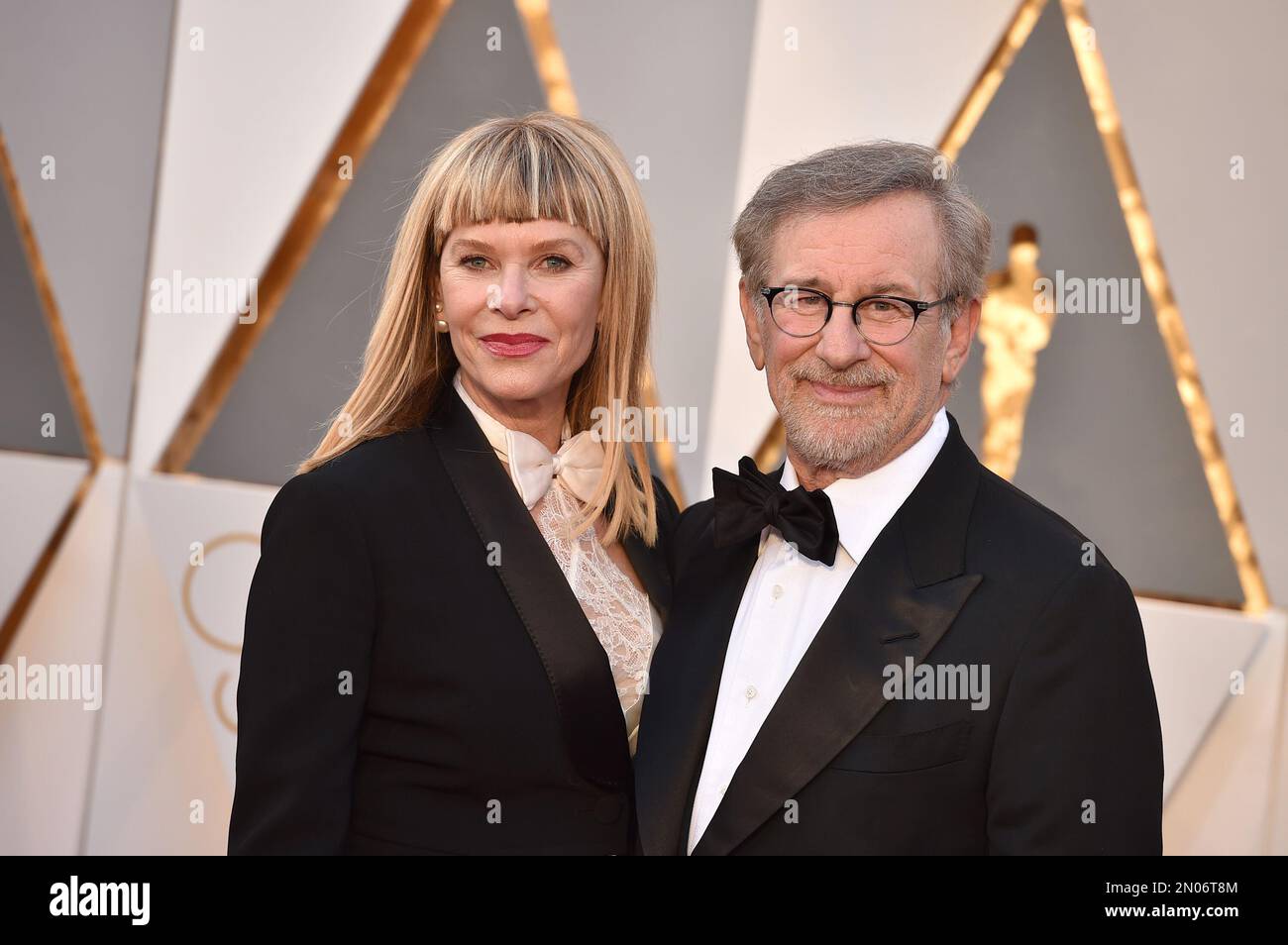 Kate Capshaw, left, and Steven Spielberg arrive at the Oscars on Sunday ...