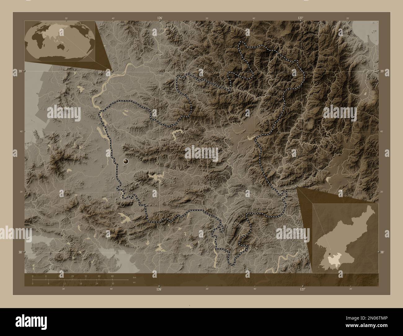 Hwanghae-bukto, province of North Korea. Elevation map colored in sepia ...