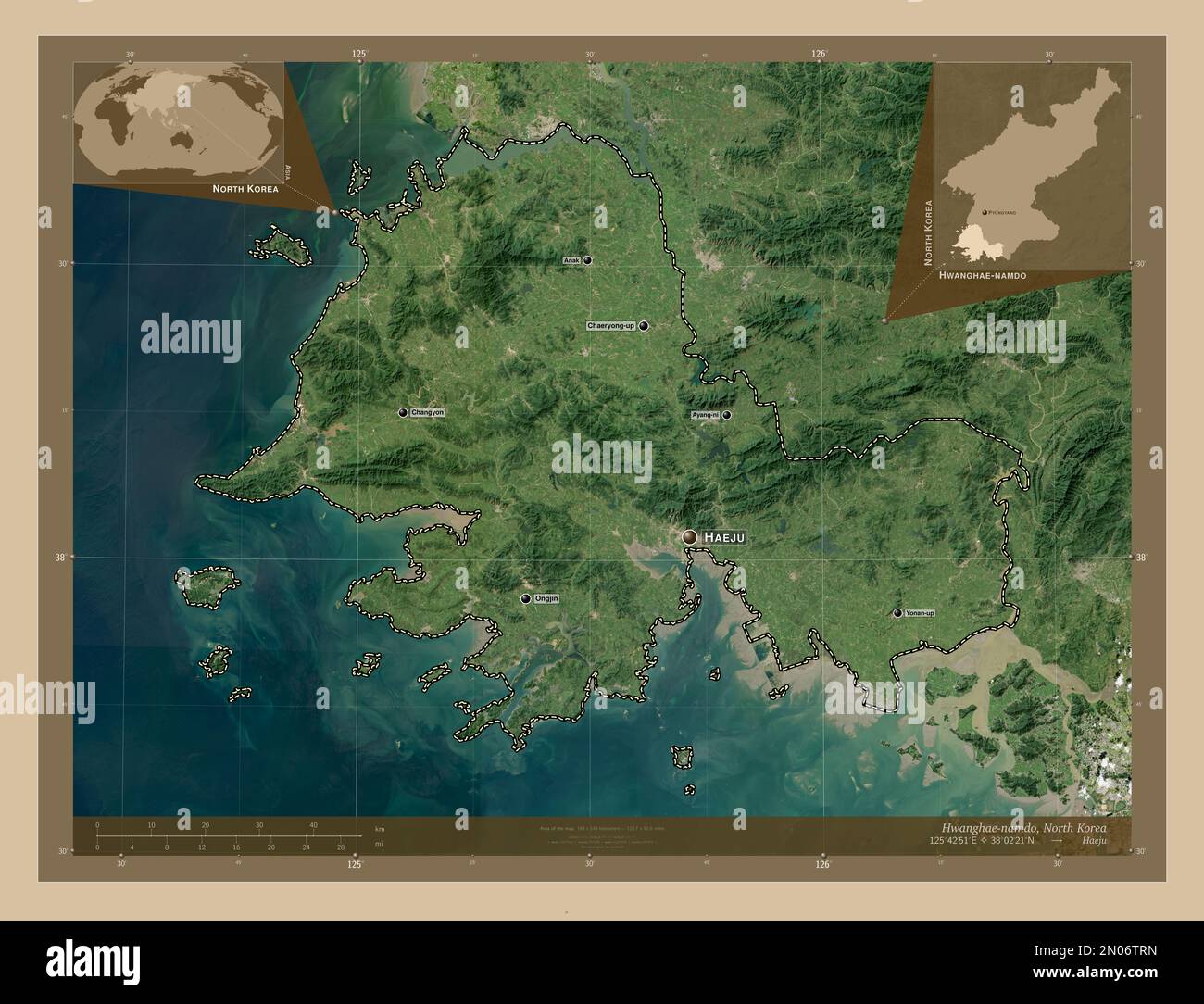 Hwanghae-namdo, province of North Korea. Low resolution satellite map ...