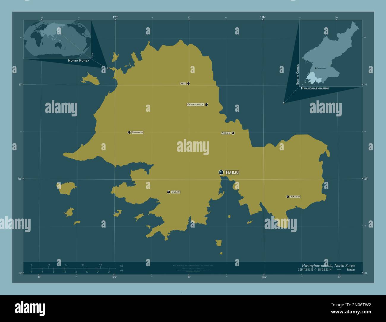 Hwanghae-namdo, province of North Korea. Solid color shape. Locations ...