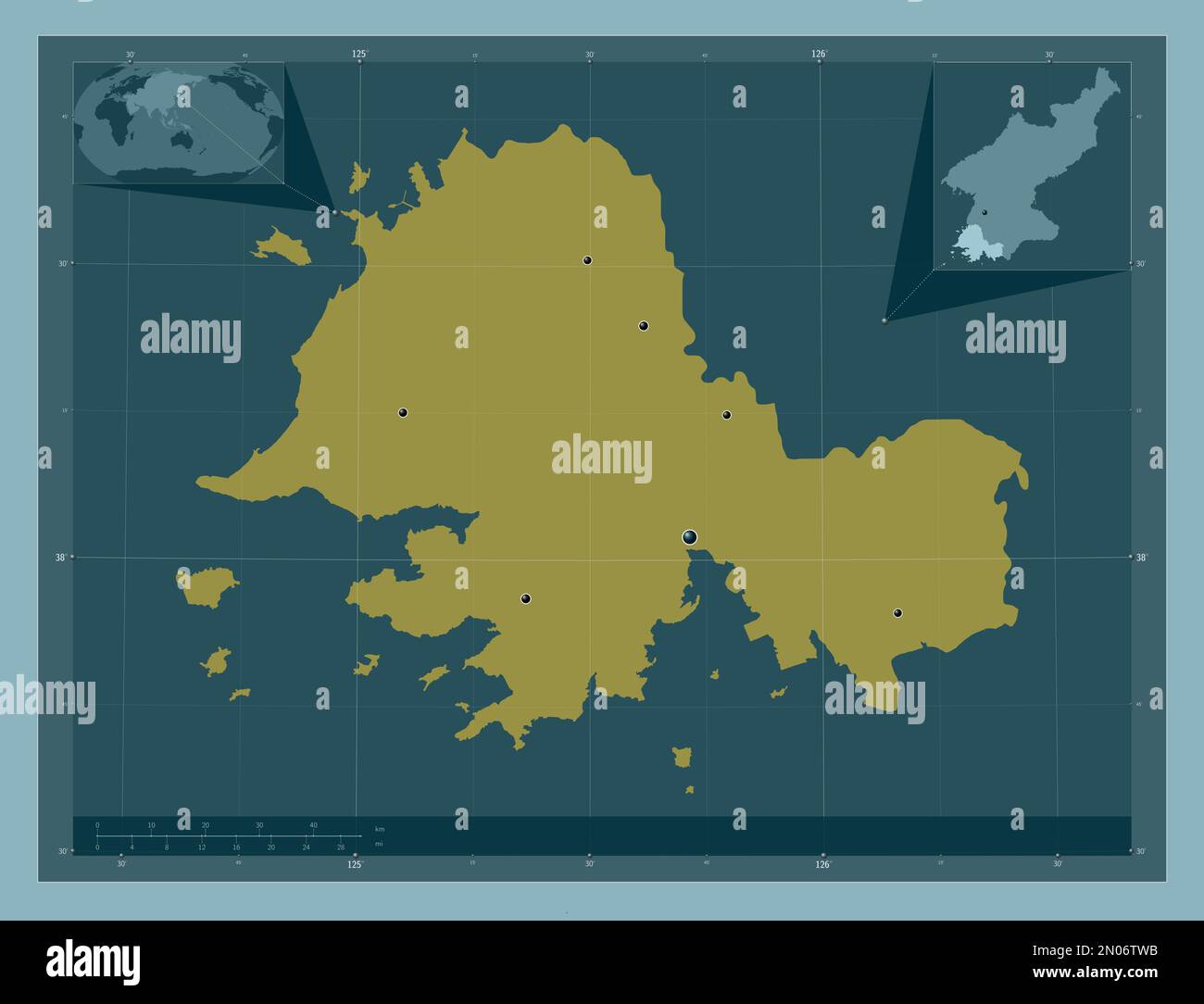 Hwanghae-namdo, province of North Korea. Solid color shape. Locations ...