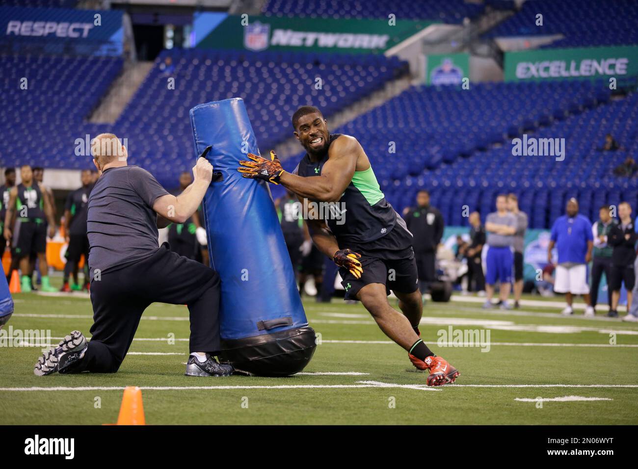 Stony Brook defensive lineman Victor Ochi runs a drill at the NFL ...