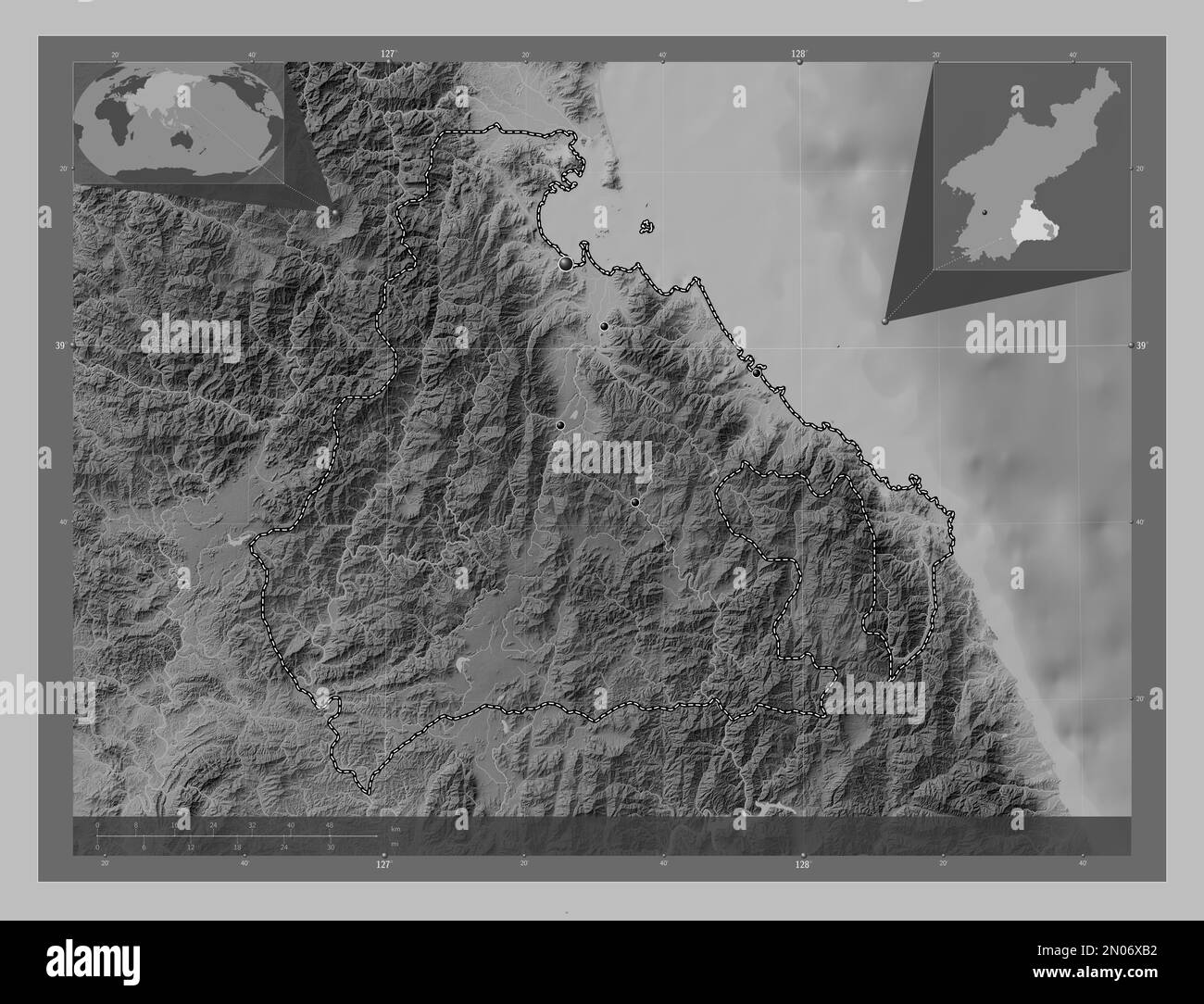 Kangwon-do, province of North Korea. Grayscale elevation map with lakes ...
