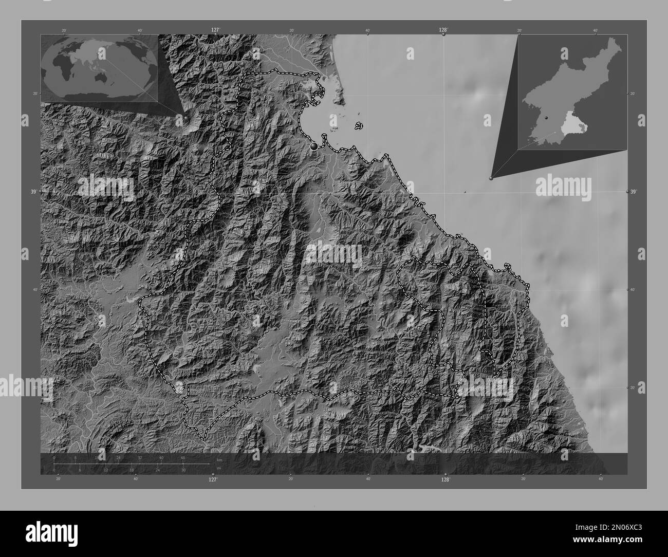 Kangwon-do, province of North Korea. Bilevel elevation map with lakes ...