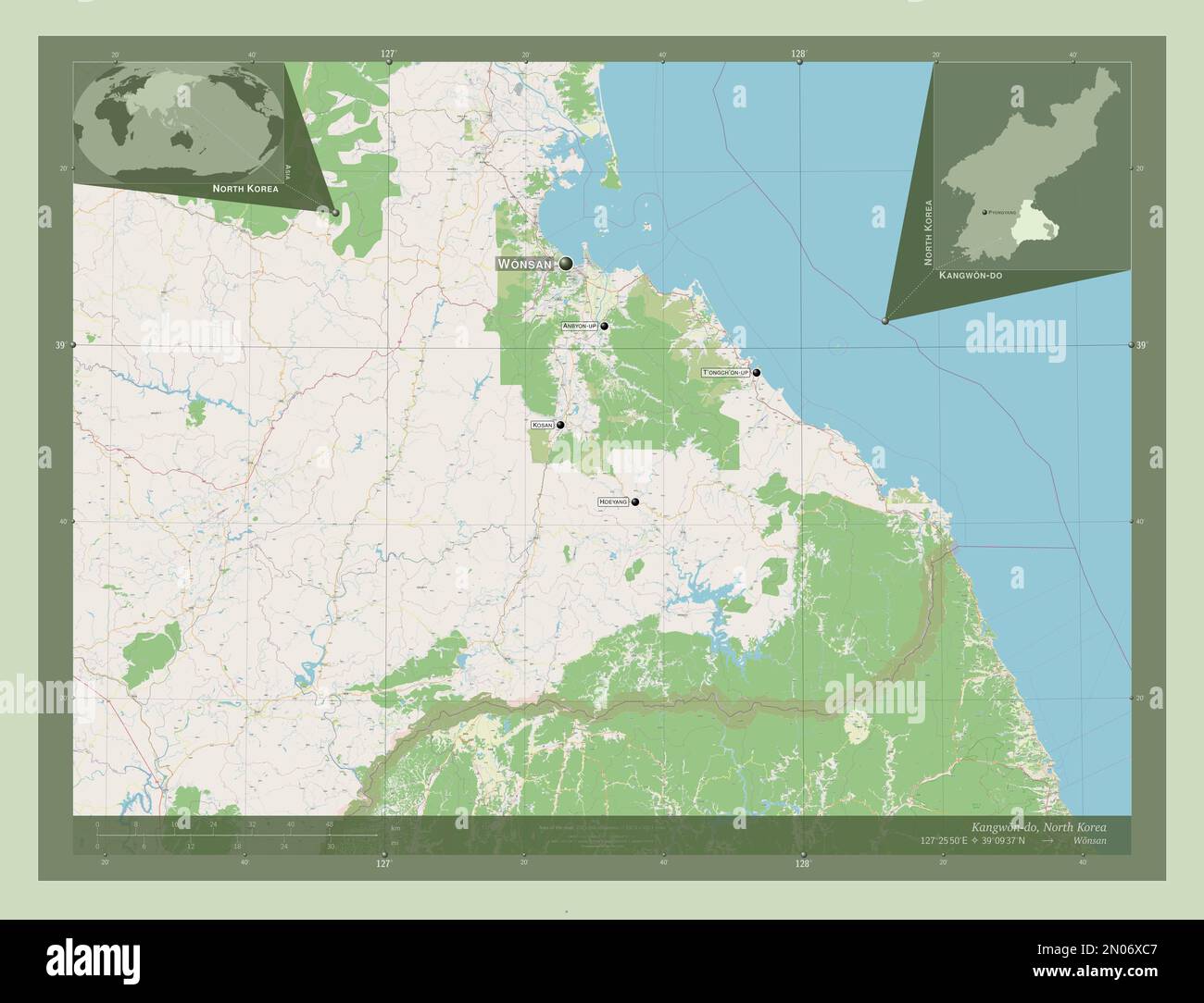 Kangwon-do, province of North Korea. Open Street Map. Locations and ...