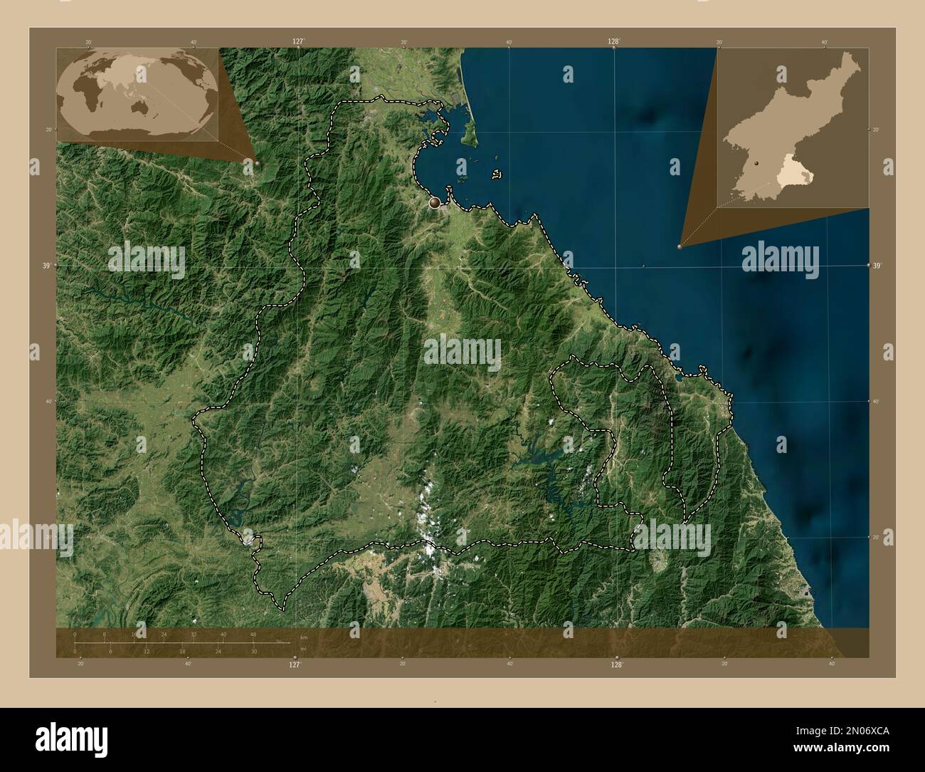 Kangwon-do, province of North Korea. Low resolution satellite map ...