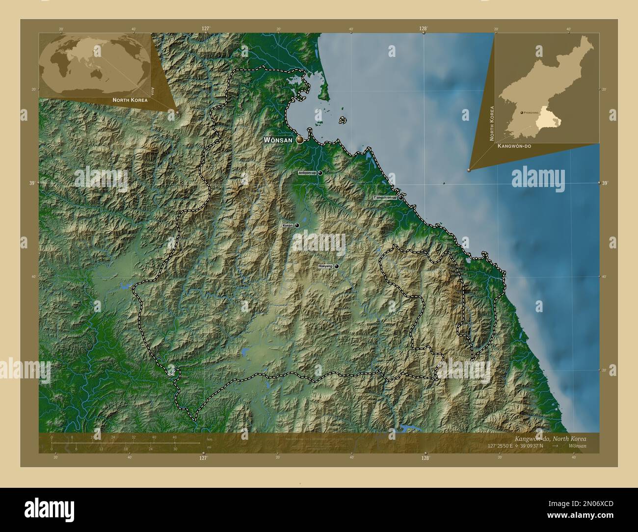 Kangwon-do, province of North Korea. Colored elevation map with lakes ...