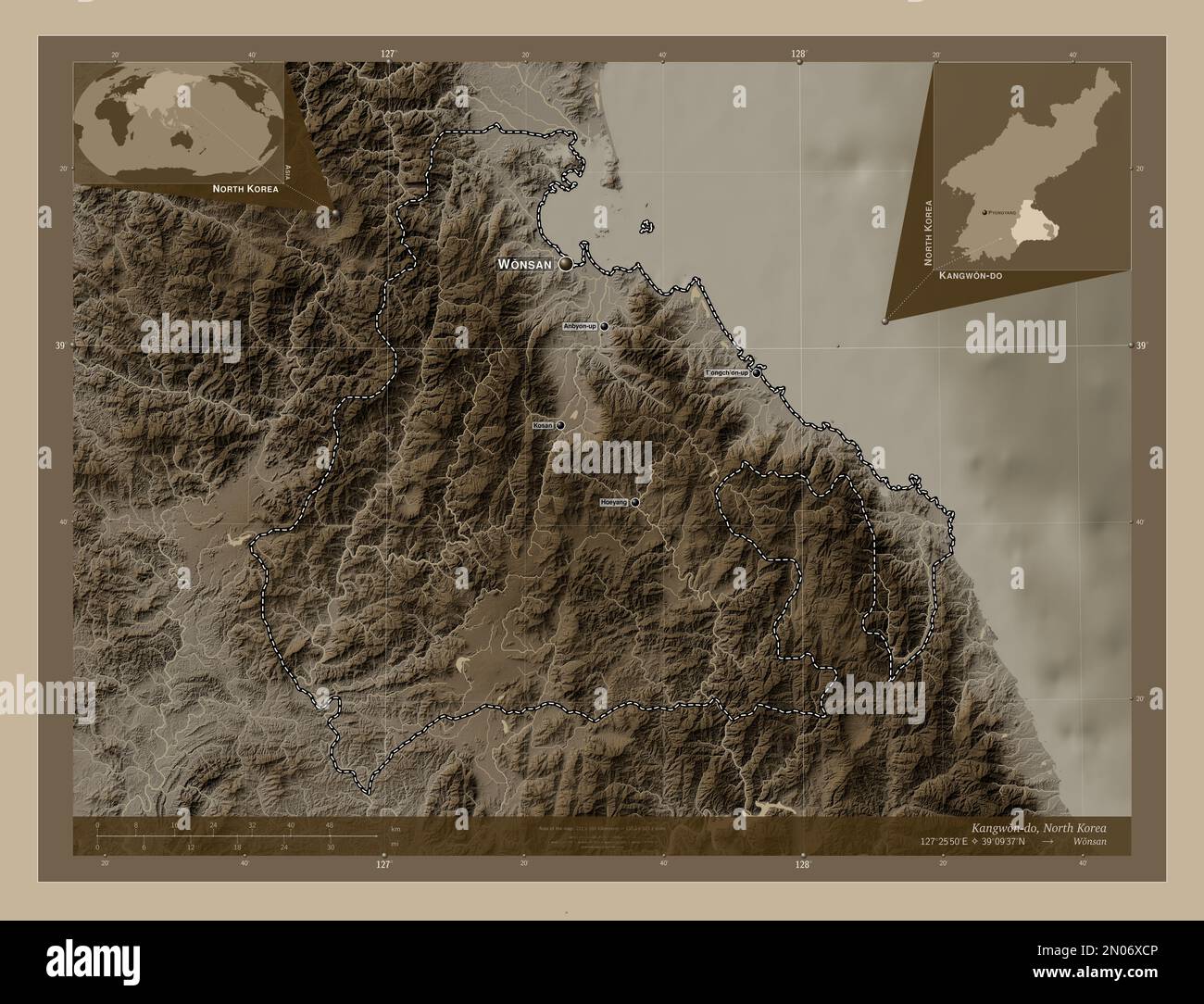 Kangwon-do, province of North Korea. Elevation map colored in sepia ...