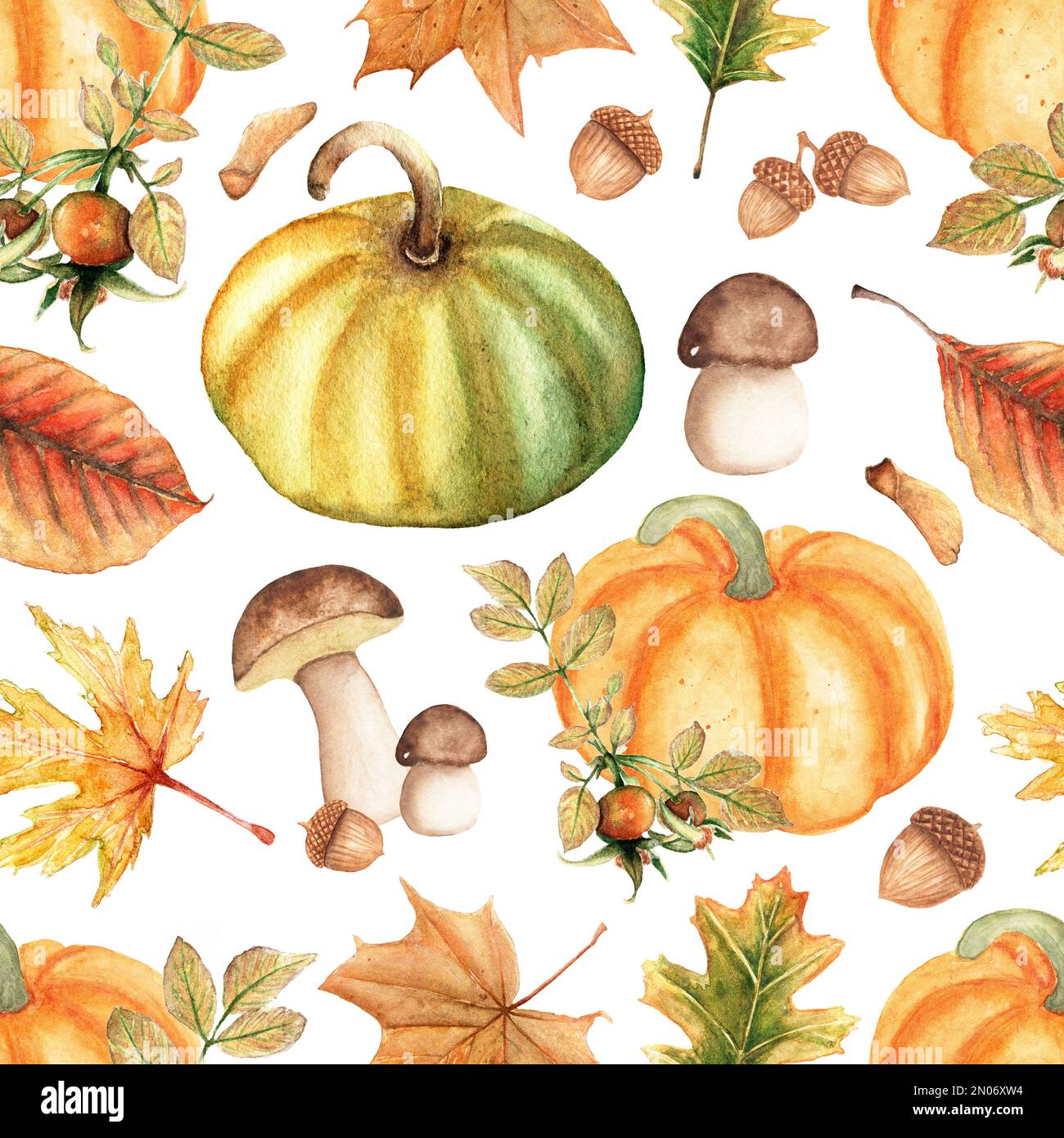 Watercolor autumn nature seamless pattern. Hand drawn texture with red ...