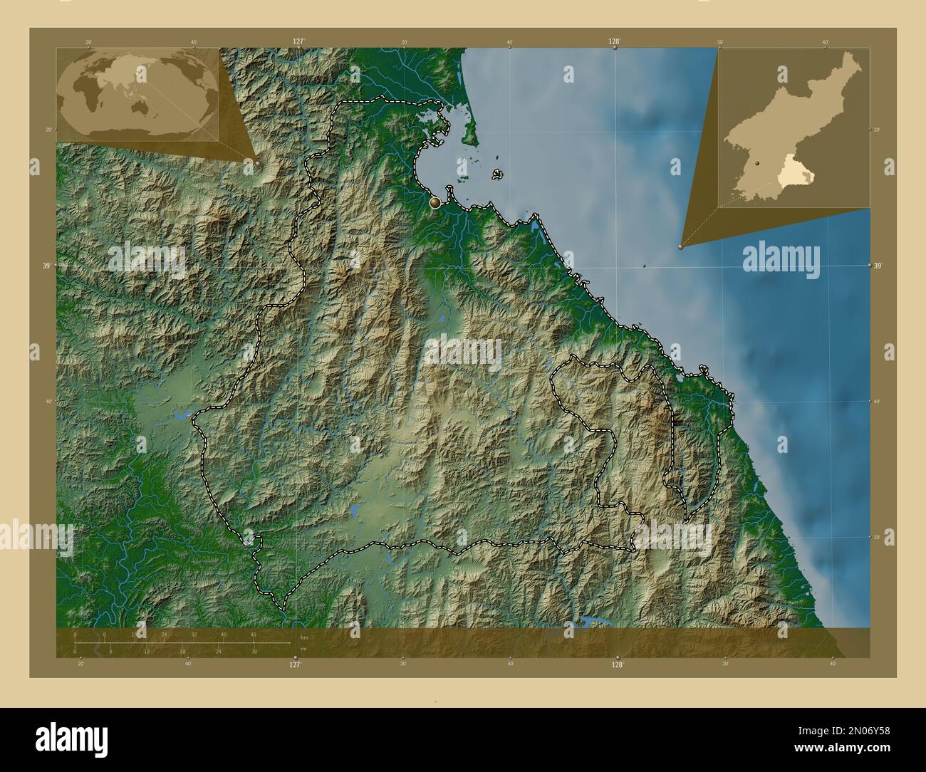 Kangwon-do, province of North Korea. Colored elevation map with lakes ...