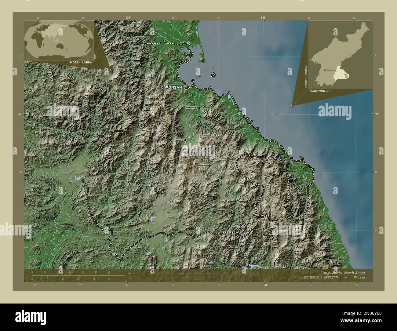 Kangwon-do, province of North Korea. Elevation map colored in wiki ...