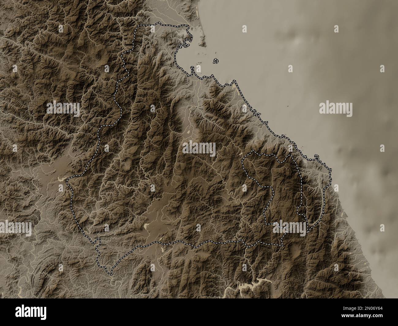 Kangwon-do, province of North Korea. Elevation map colored in sepia ...