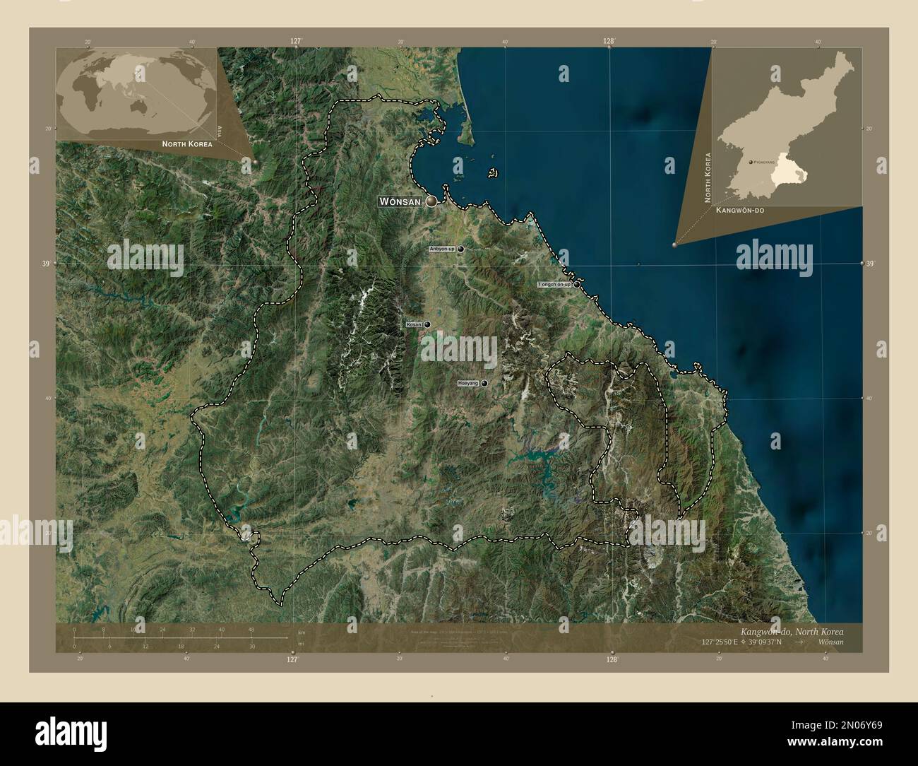 Kangwon-do, province of North Korea. High resolution satellite map ...