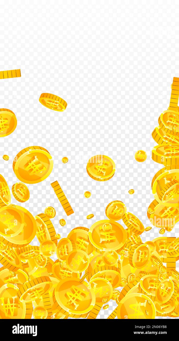 Korean won coins falling. Scattered gold WON coins. Korea money. Global ...