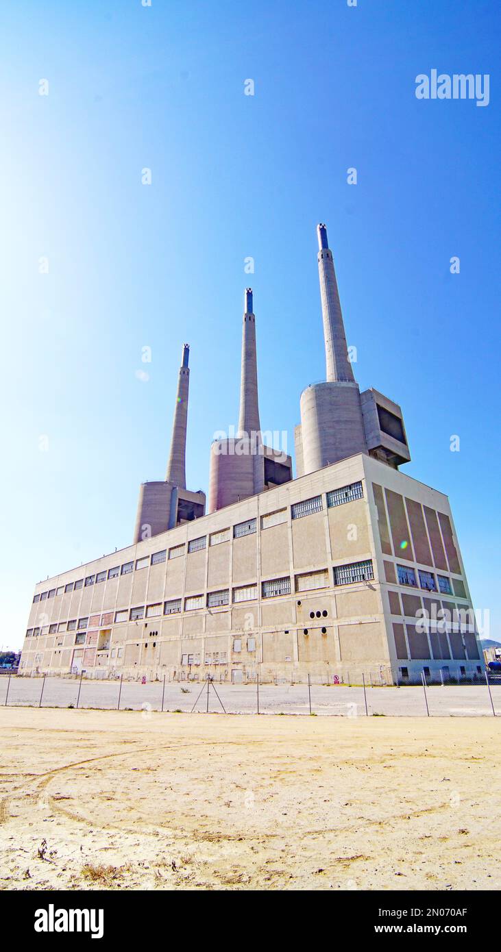 Panoramic of the three chimneys in Sant Adria del Besos, Barcelona ...