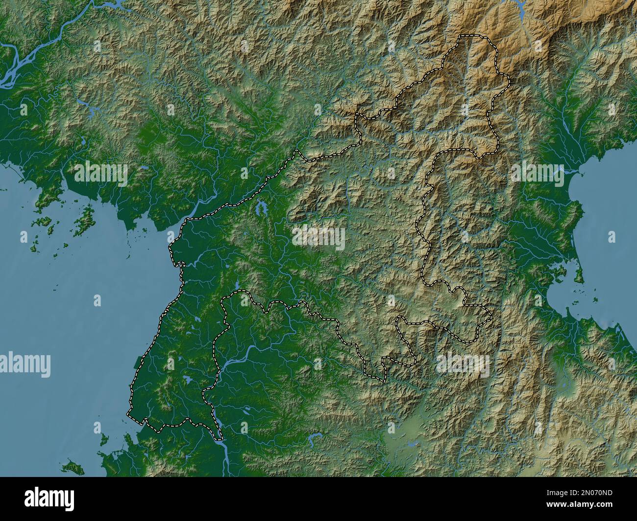 P'yongan-namdo, province of North Korea. Colored elevation map with ...