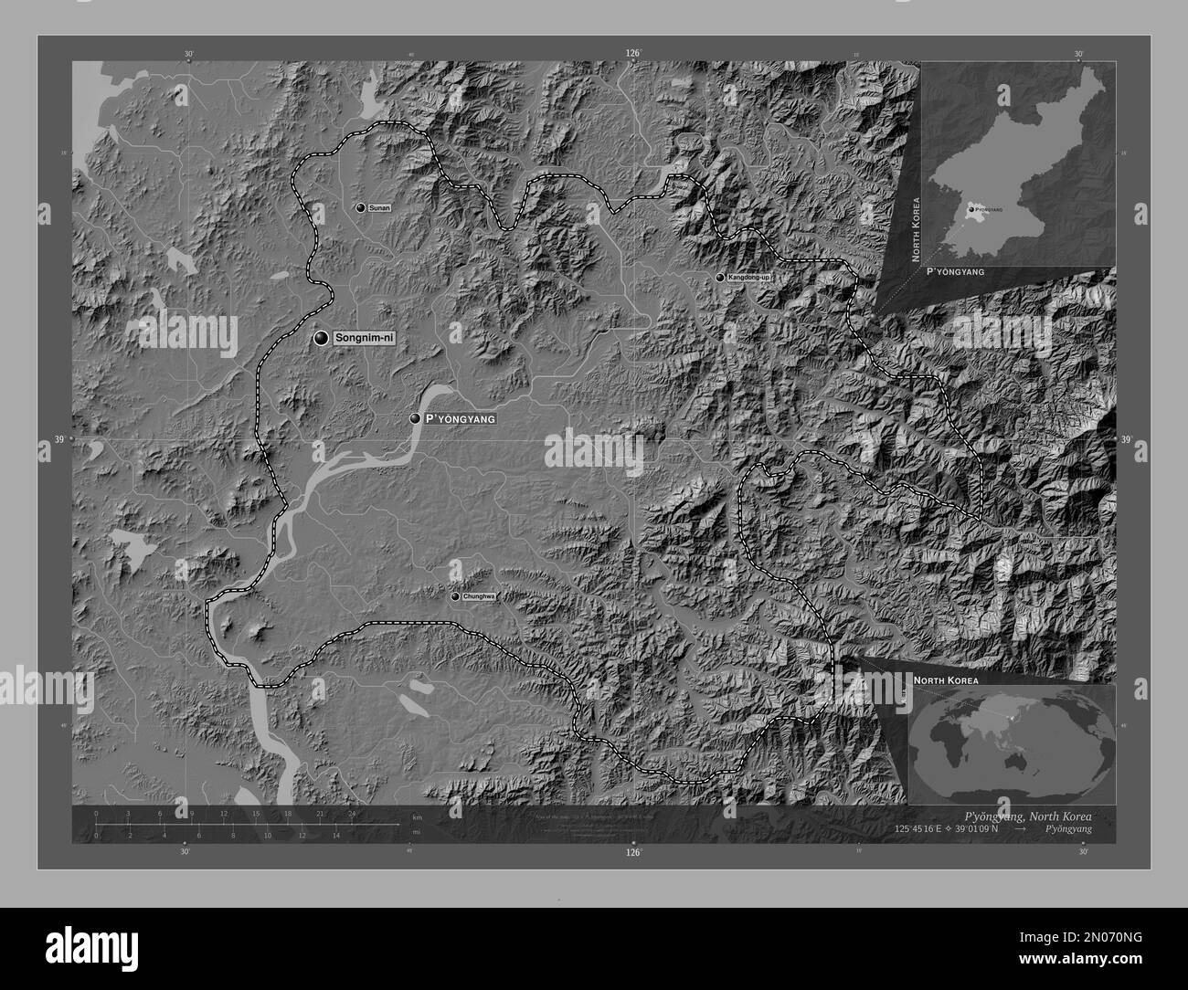 P'yongyang, special city of North Korea. Bilevel elevation map with ...
