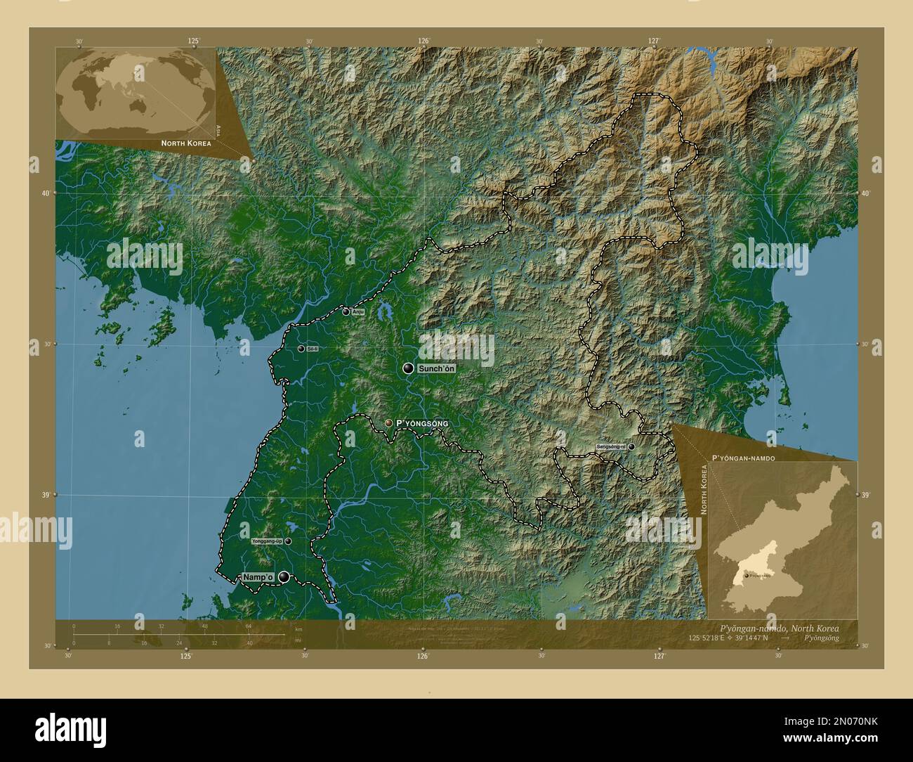 P'yongan-namdo, province of North Korea. Colored elevation map with ...