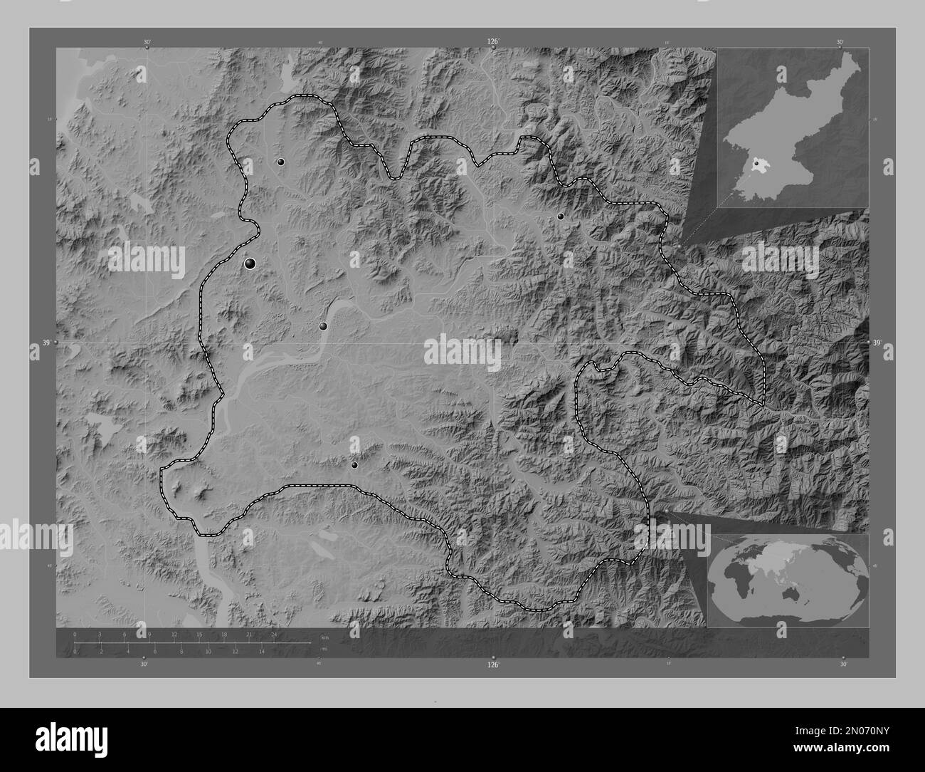 P'yongyang, special city of North Korea. Grayscale elevation map with ...