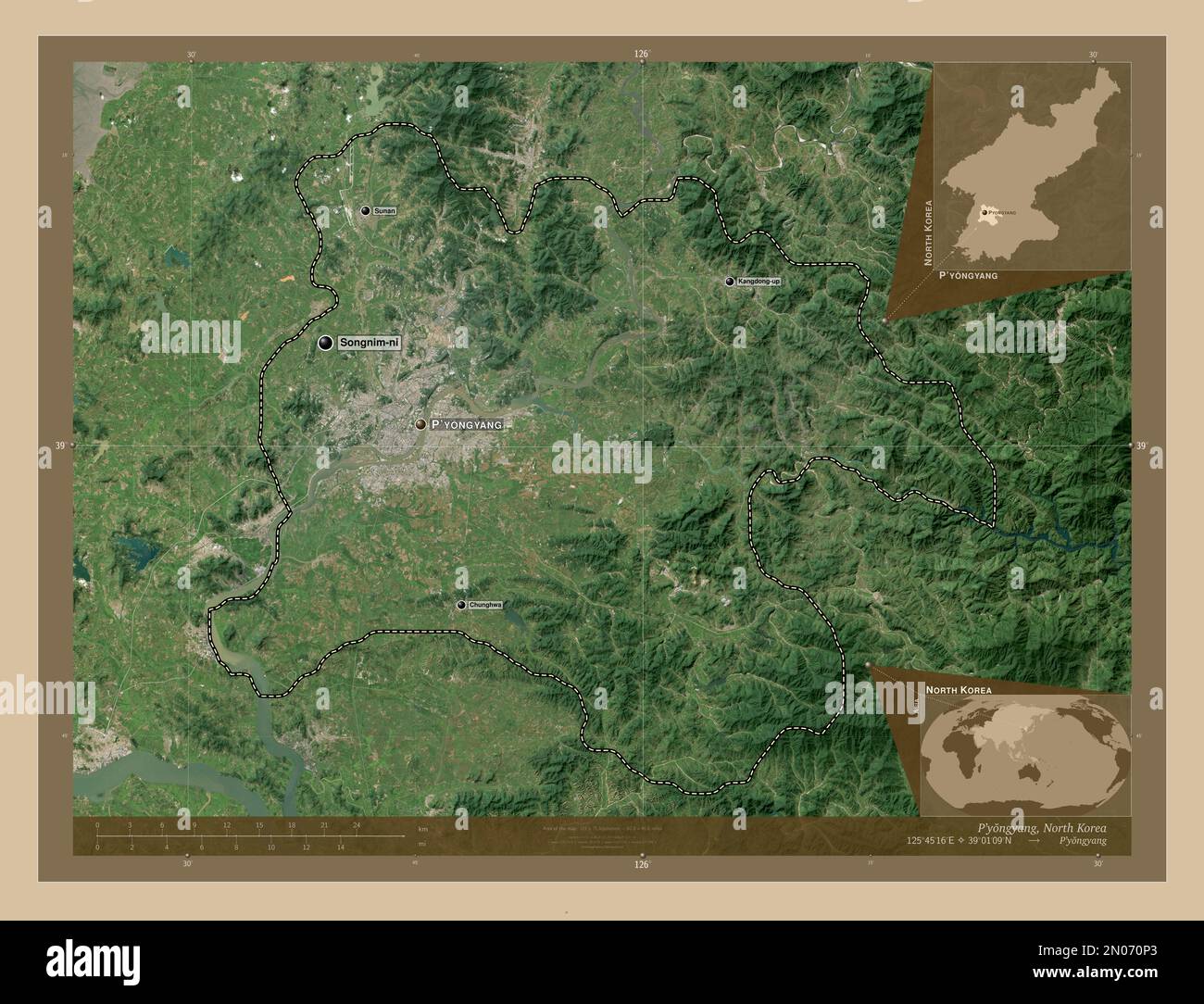 P'yongyang, special city of North Korea. Low resolution satellite map ...