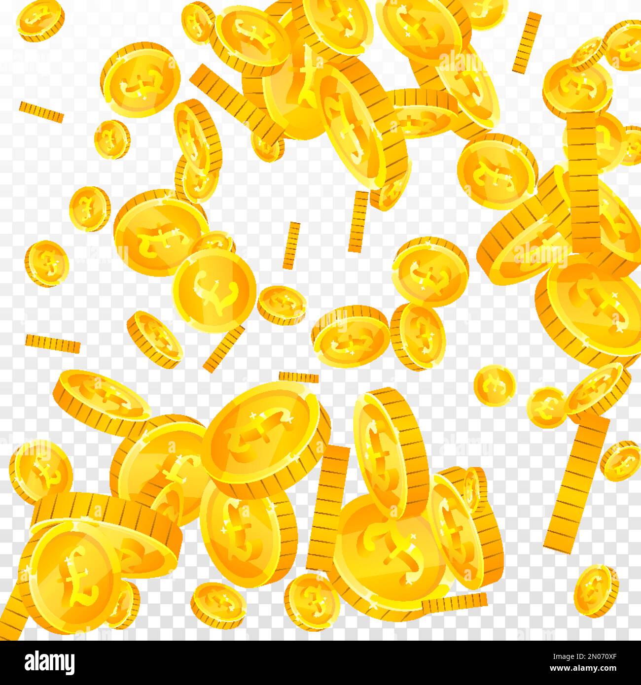 British pound coins falling. Scattered gold GBP coins. United Kingdom ...