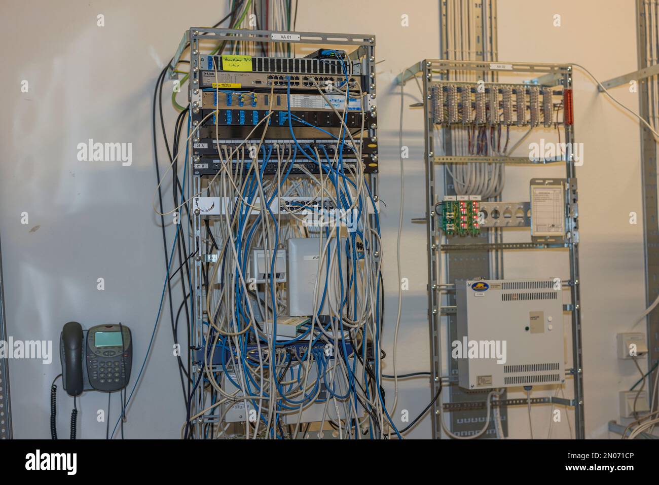 Close up view of interior view technical computer room with all cable ...