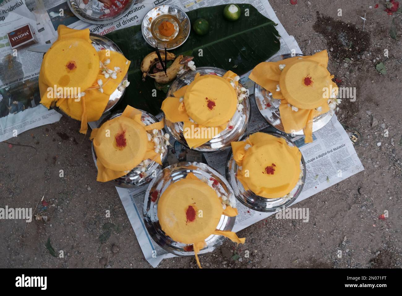 Pots of milk seen prepared for a ritual offering during the Thaipusam ...