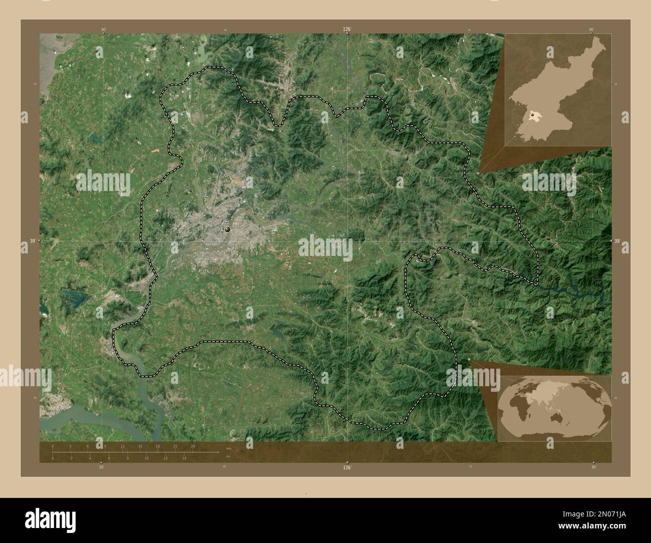P'yongyang, special city of North Korea. Low resolution satellite map ...