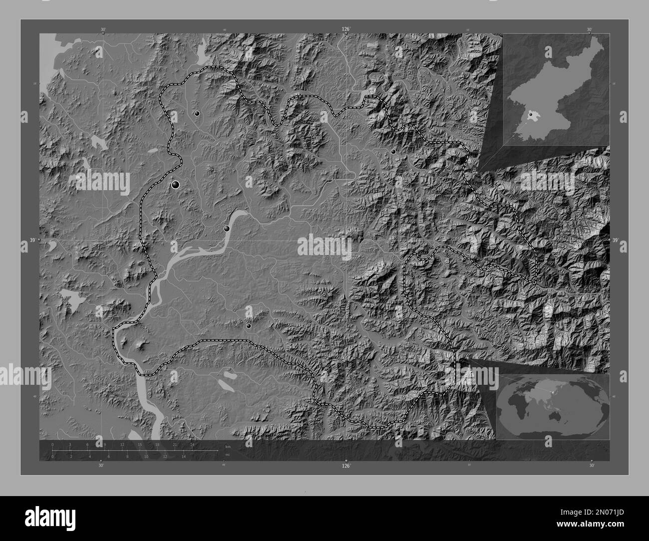 P'yongyang, special city of North Korea. Bilevel elevation map with ...