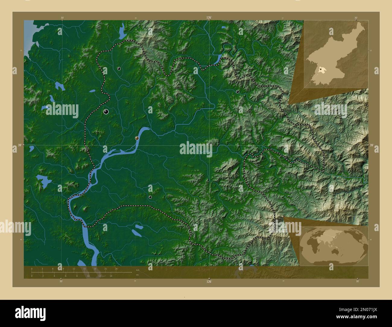 P'yongyang, special city of North Korea. Colored elevation map with ...