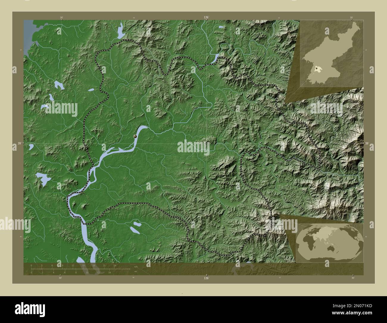 P'yongyang, special city of North Korea. Elevation map colored in wiki ...